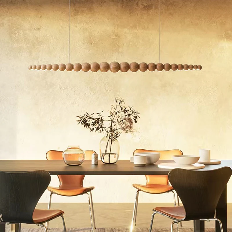 Modern Wooden Beads Long Linear LED Pendant Lights Dimmable With RC ...