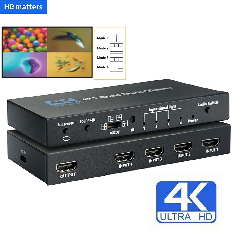 4K 4x1 HDMI 멀티 뷰어, 원격 제어 및 스케일러가 포함된 4 in 1 HDMI 멀티 뷰어 원활한 HDMI 스위처 스위치 ...