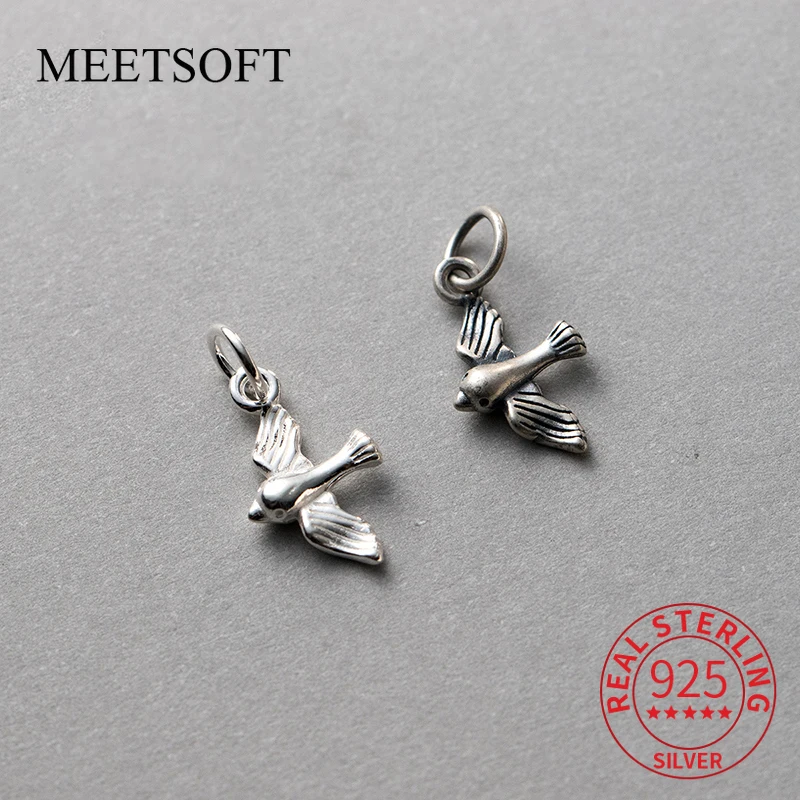 925 Sterling Silver Retro Swallow Bird Wing Pendant Hand Woven Rope DIY ...