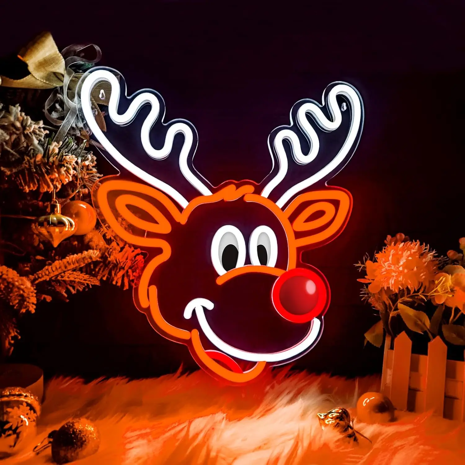Cute Christmas Reindeer Neon Sign with Red Nose LED Light for Xmas Home ...