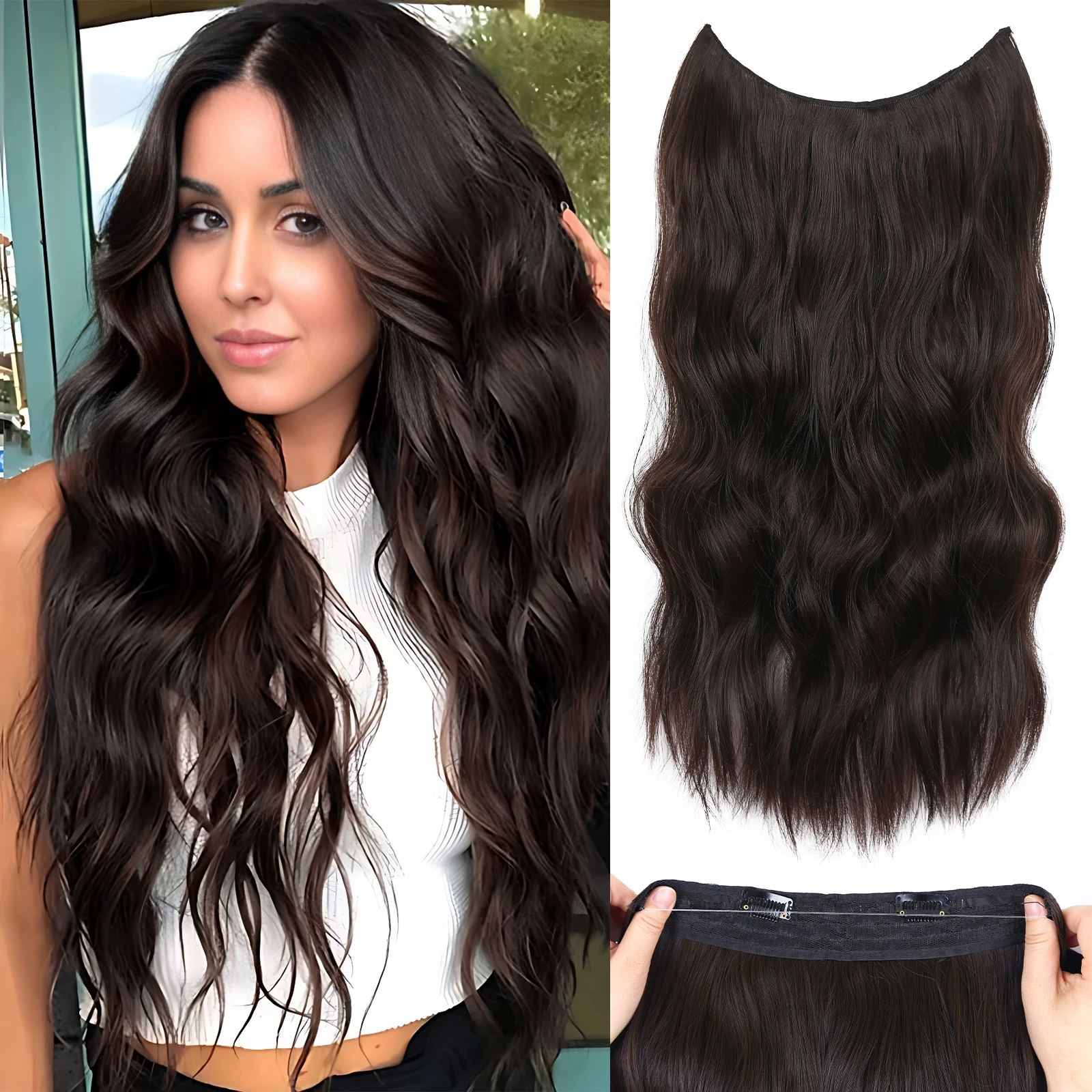 Synthatic-Clips-Hair-Extension-Artificial-Long-Wavy-Hairpiece-Invisible ...