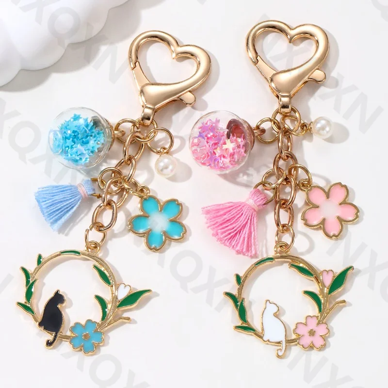 Cute-Cat-Flower-Small-Tassels-Enamel-Keychain-Plant-Animals-Key-Ring ...