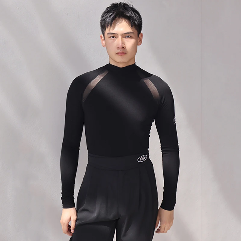 Men Latin Dance Competition Tops Long Sleeves Black High Collar ...