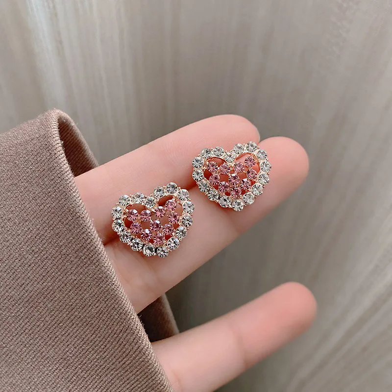 VOQ Silver Color Exquisite Heart-shaped Pink Zircon Earrings Women's ...