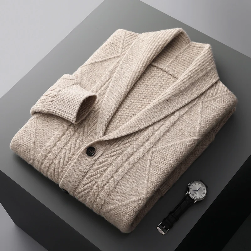 Winter New 100% Pure wool Cashmere Cardigan Men's Lapel Coat High-End ...