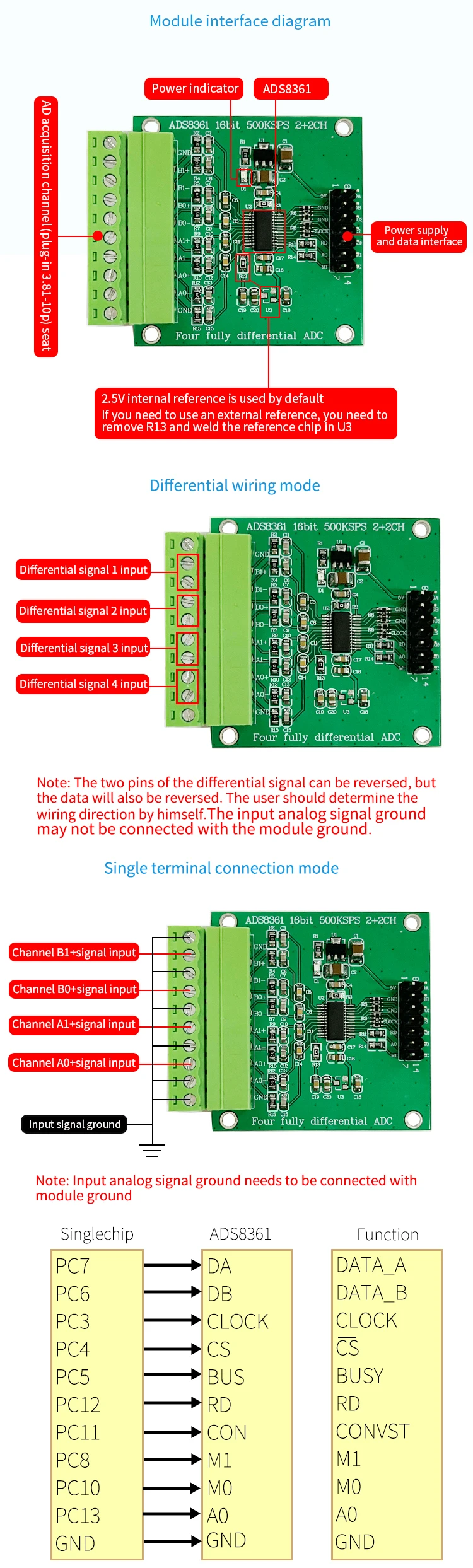 ADS8361 16비트 4채널 ADC 모듈 -SPI(ADS8361 16 bit 4-Channel ADC Module)