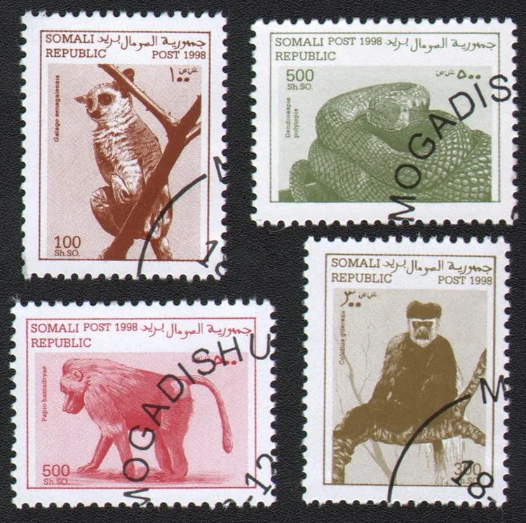 4Pcs-Set-Somalia-Post-Stamps-1998-Monkey-Orangutan-Snake-Civet-Cat ...