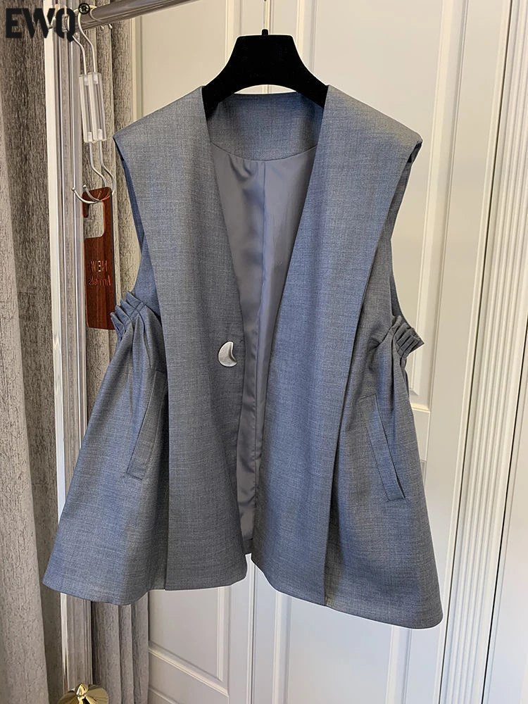 [EWQ] 밝은 회색 조끼 여성 우아한 사무실 숙녀 느슨한 모든 matchButtons 민소매 2022 여름 새로운 v 목 기질 ...