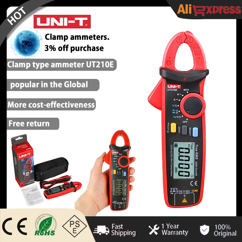 UNI-T UT210D UT210E Mini Digital Clamp Meter 200A AC DC Current Pliers ...