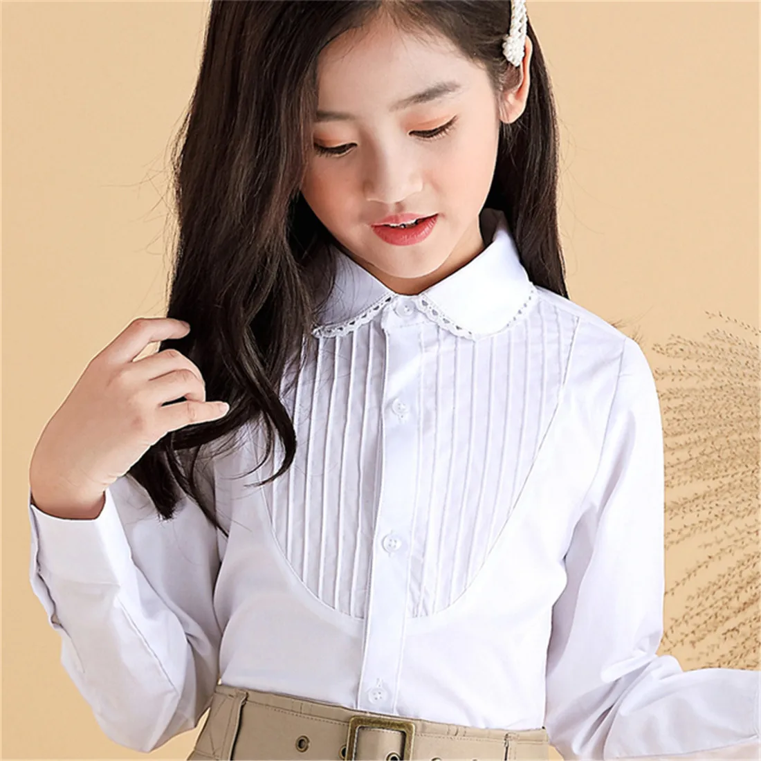 Kids Girls White Shirts for Students Uniform Long Sleeve Cotton Blouse ...