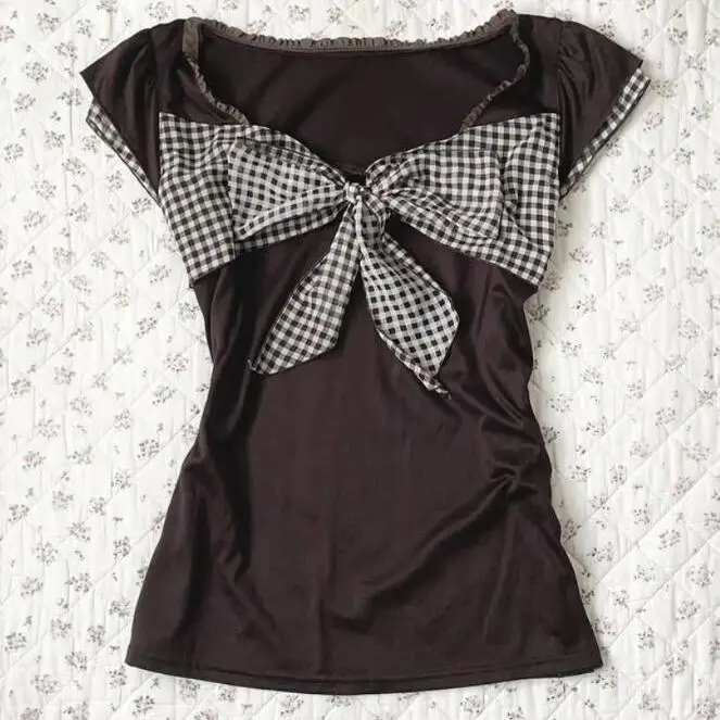 Summer Women's T-shirt Gyaru Bow Grid Short-sleeved Tee Grunge ...