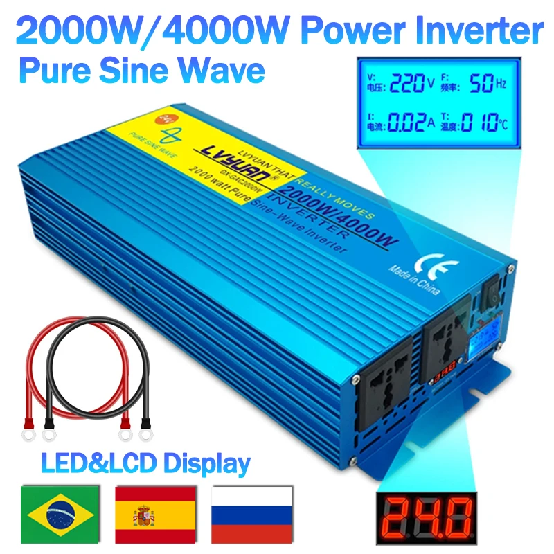 Inversor de Onda Senoidal Pura, 4000W, DC 12V/24V para 110V/220V AC, 50Hz/60Hz, LED e Display ...