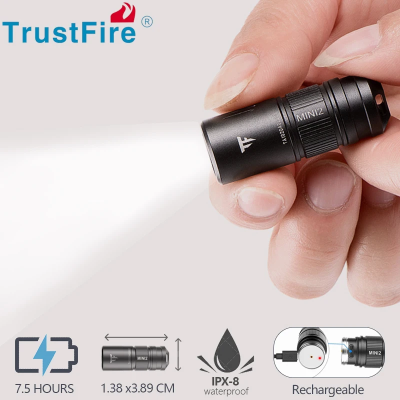 Trustfire Mini2 Rechargeable Mini LED Flashlight USB Keychain 250Lumens Pocket Light IPX8 EDC ...