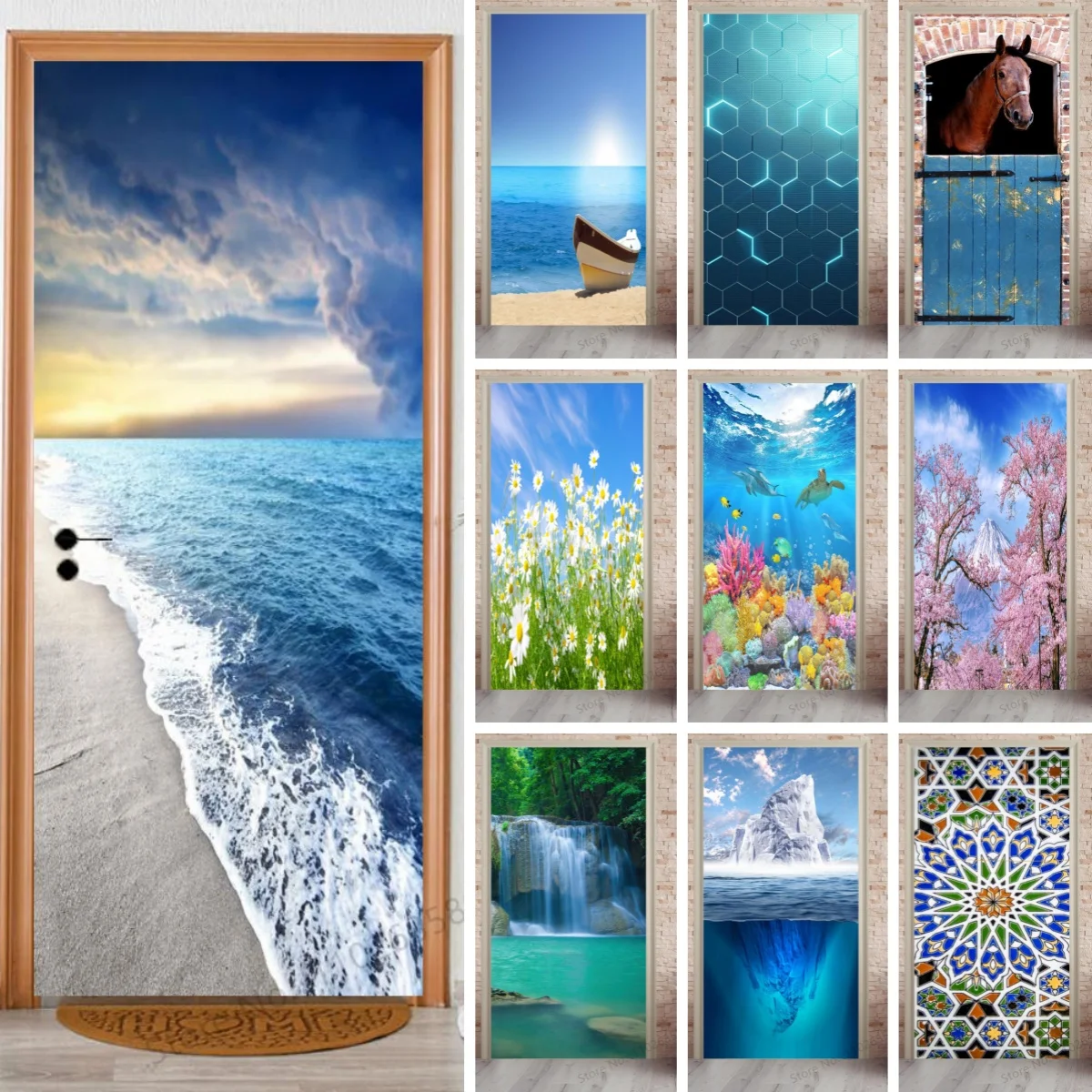 Blue-Beach-Seascape-Door-Sticker-Peel-and-Stick-Removable-Self-Adhesive ...