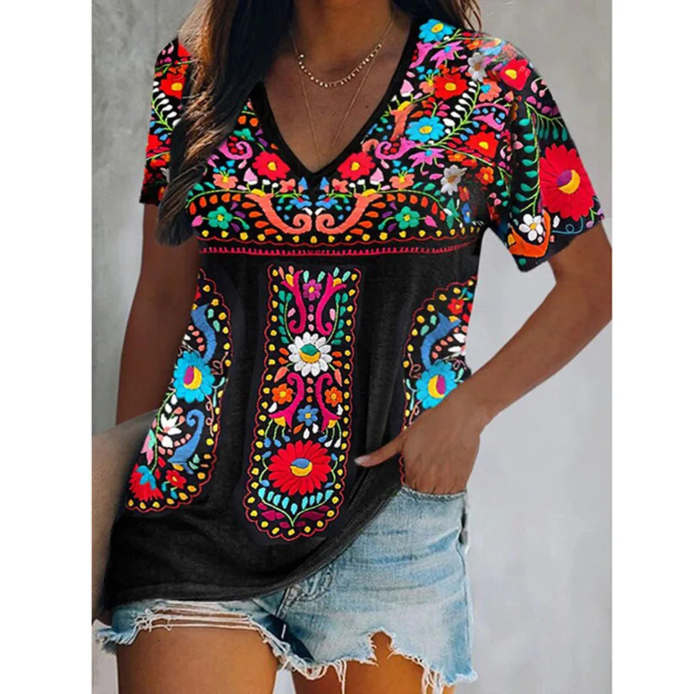 Fashion-Ethnic-Retro-Floral-3D-Print-Boho-T-Shirt-Women-Streetwear-V ...