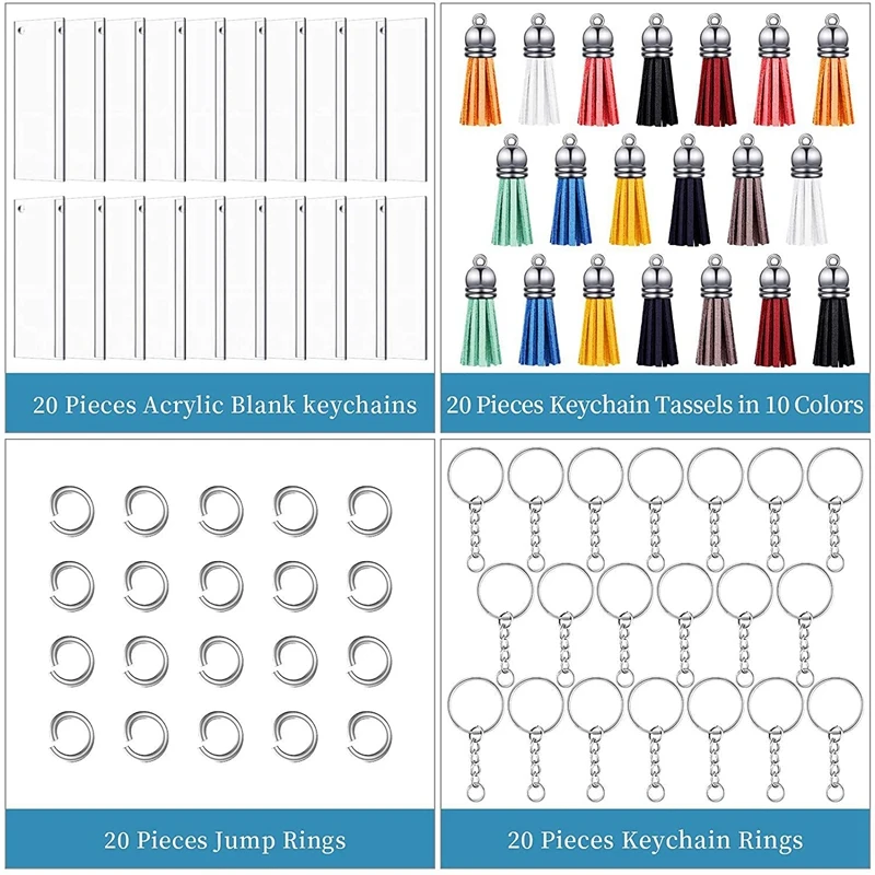 80pcs Clear Keychains Kit Including Rectangle Acrylic Blanks Tassels ...