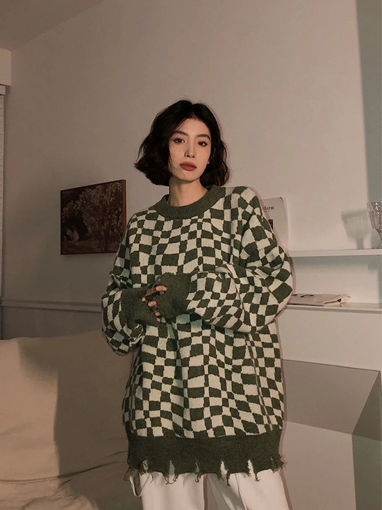 Women Sweater Oversize Plaid Pullover Grunge Jumper Coat Long Sleeve ...