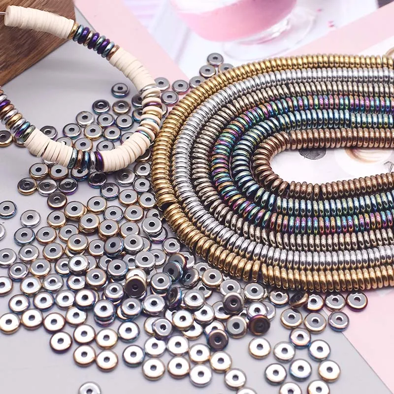 4-6-8mm-Plating-Color-Natural-Hematite-Stone-Wheel-Beads-Flat-Round ...