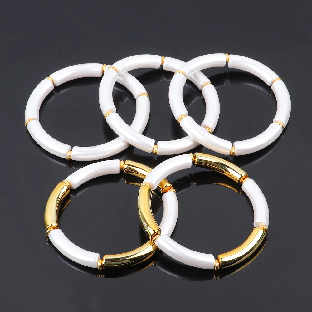 Bohemian Pearl White Color Bamboo Elbow Acrylic Bracelets for Women ...