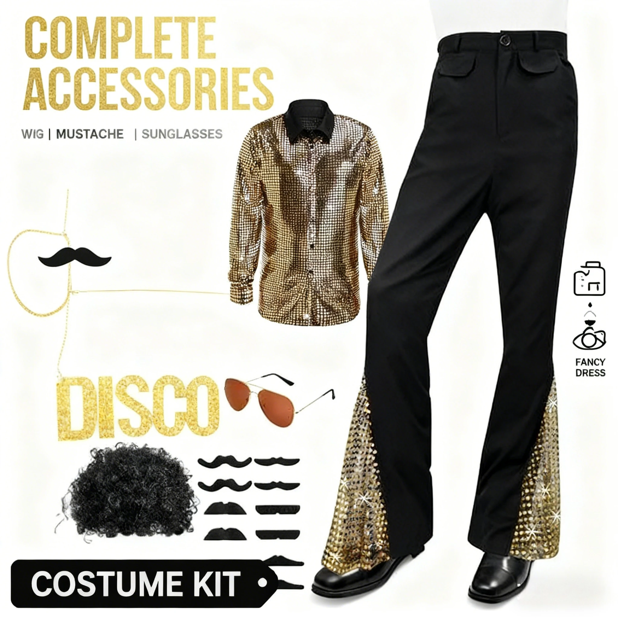 2025 Men's 70s Disco Outfit: Bell-Bottom Pants, Shirt, Wig, Necklace ...