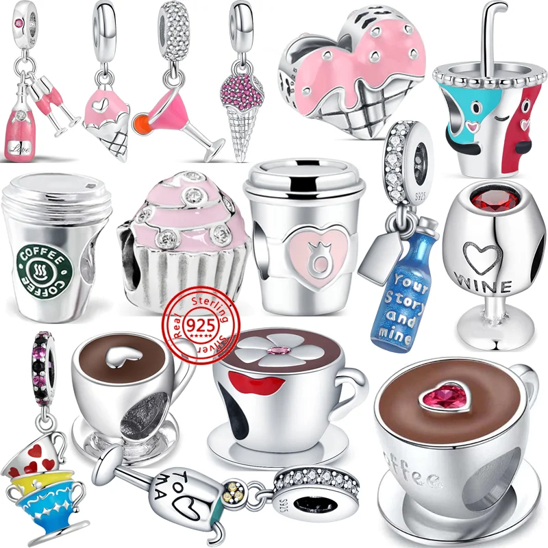 925 Sterling Silver Coffee Cup Ice Cream Wine Glass Pavé Shiny Pendant ...