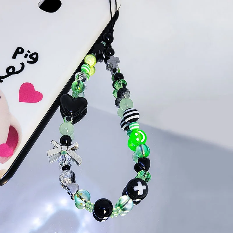 Green Black Mobile Y2k Phone Charm Strap Chain Lanyard Silver Cross Bow ...