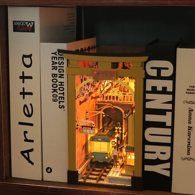 DIY Wooden Book Nook Shelf Insert Kits Miniature Cherry Blossom Train Station Bookends Japanese ...