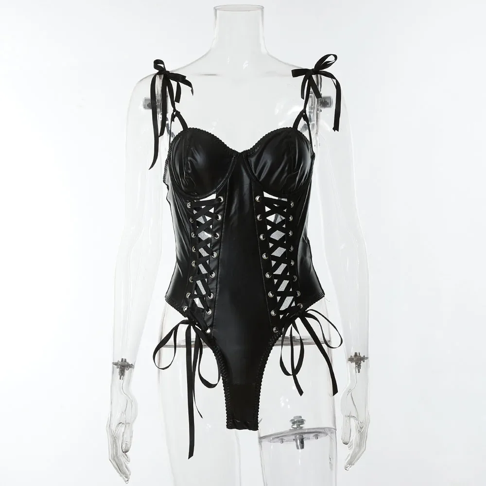 Bessmini Блестящий боди с открытой спиной из сетчатой ткани Сексуальный латексный костюм для ...