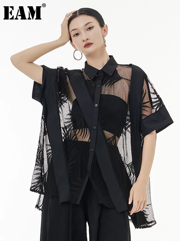 EAM-Women-Black-Lace-Perspective-Big-Size-Blouse-New-Lapel-Half-Sleeve ...