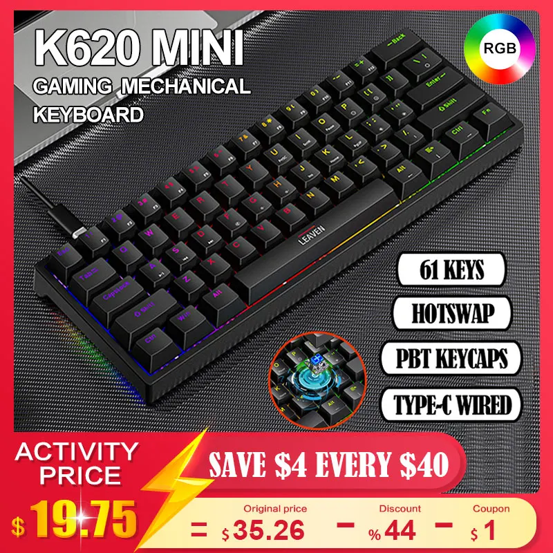 K620 mini gaming teclado mecânico 61 teclas rgb hotswap tipo c wired ...