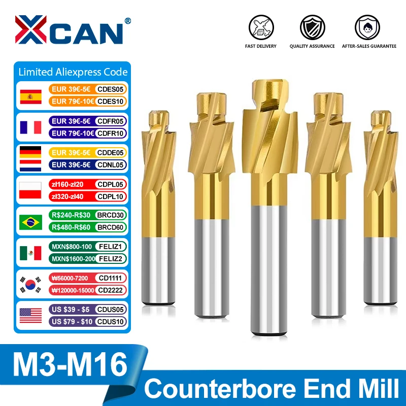 XCAN-Milling-Cutter-M3-M16-Counterbore-End-Mill-TiN-Coated-4-Flute ...