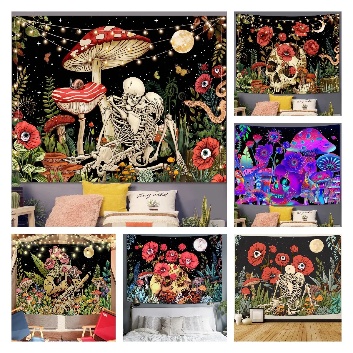 Skull Floral Tapestry Wall Haning Trippy Art Mushroom Skeleton Gothic ...