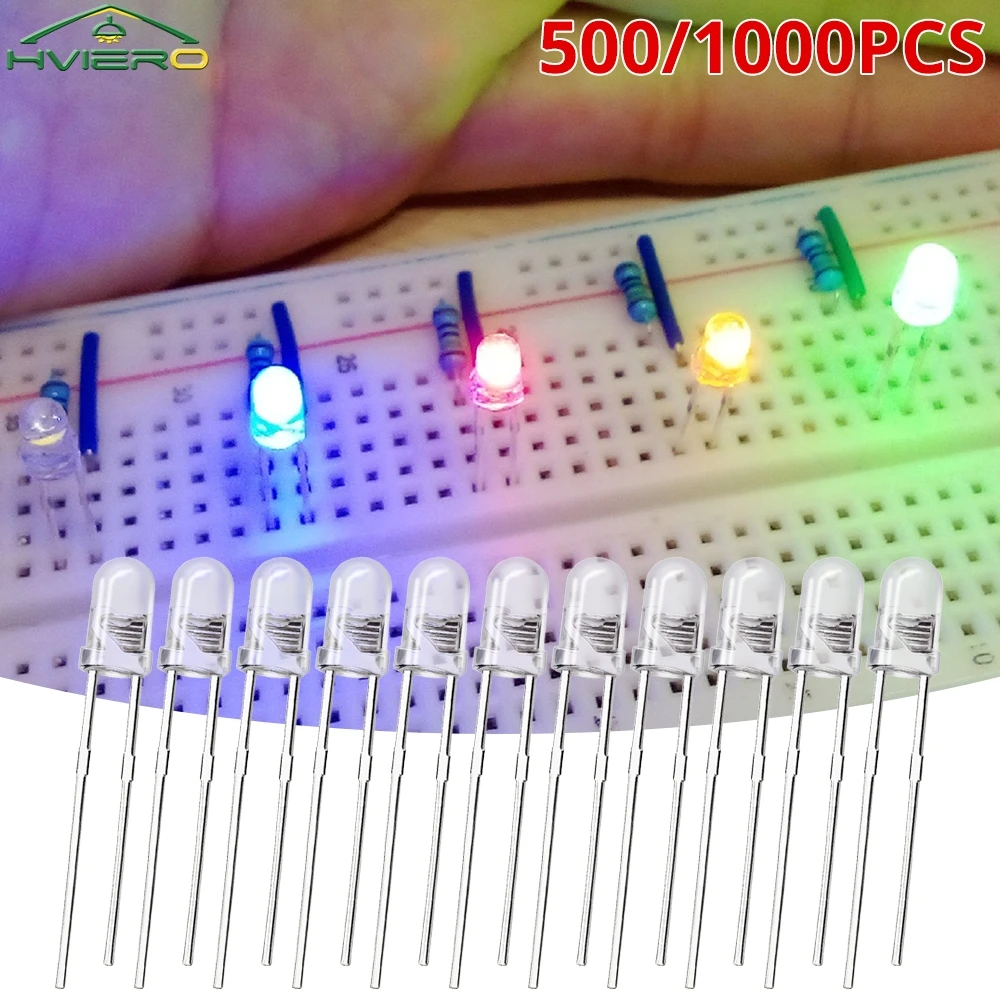 500/1000PCS 3mm Round Diode Electronic Component White Red Yellow Blue ...
