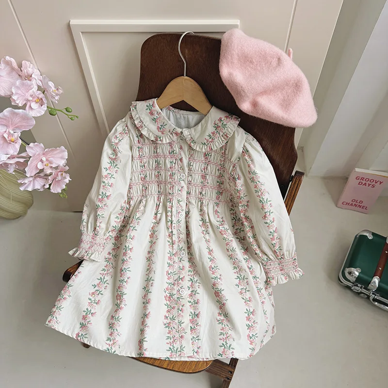 French Floral Doll Collar Girls Dress Elegant Child Princess Long ...