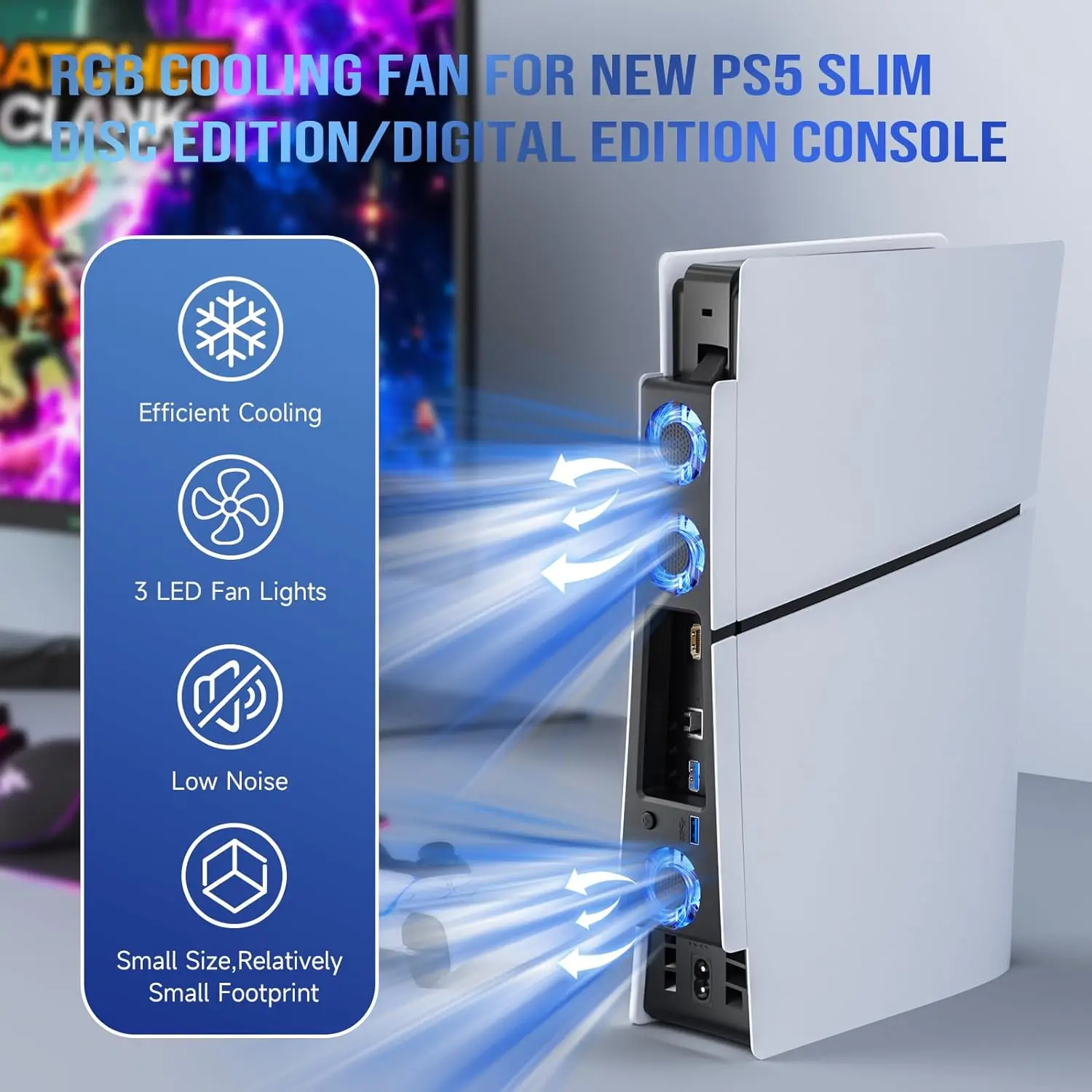 RGB Light Cooling Fan for PS5 Slim Console with 3 Fans USB – Fabluz