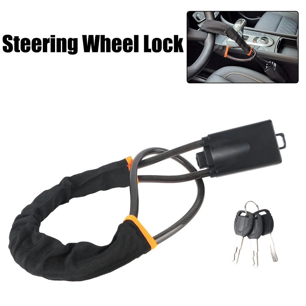 Car-Steering-Wheel-Lock-With-3-Keys-Steel-Cable-Strap-Locked-On-The ...