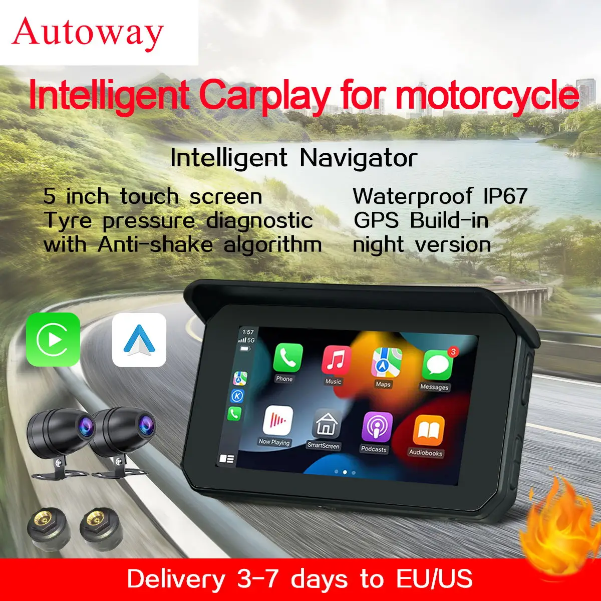 Autoway Waterproof Wireless Carplay for Motorcycle 5'' Touch Screen ...