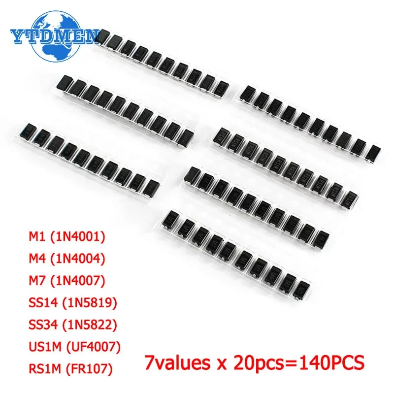 140pcs SMD Rectifier Schottky Diodes Kit 1N4007 M7 1N4001 M1 1N4004 M4 ...