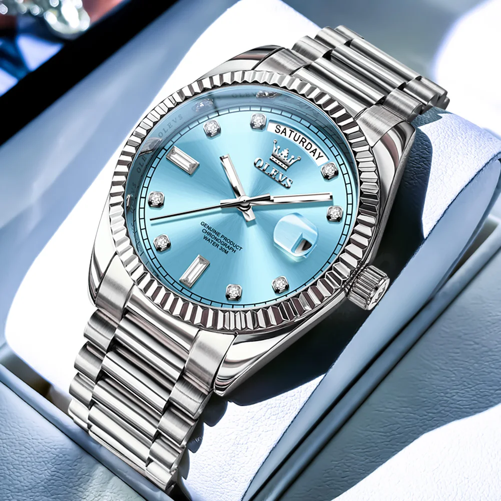 OLEVS Sky Blue Men Clock Automatic Mechanical Date Week Luxury Man ...