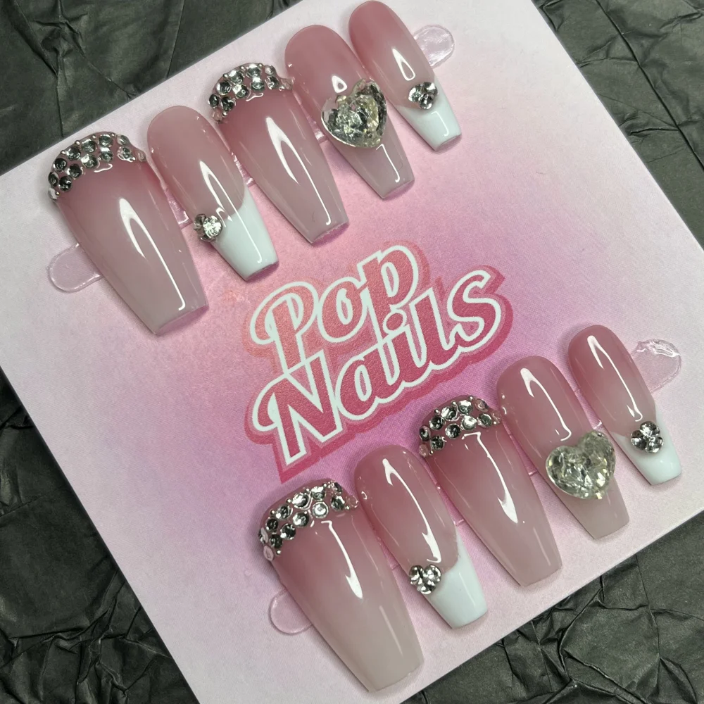 10pcs Handmade Press on Nails Acrylic Blush Pink Fake Nail Pearl Love ...