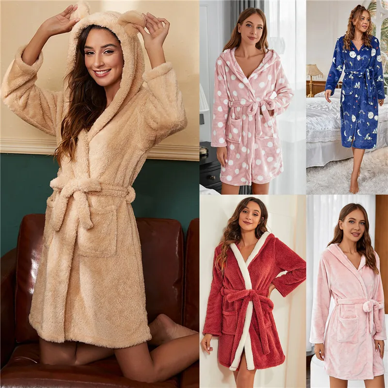 Thicken-Fuzzy-Robes-Bathrobe-Long-Women-Cute-Ear-Warm-Hooded-Robe ...