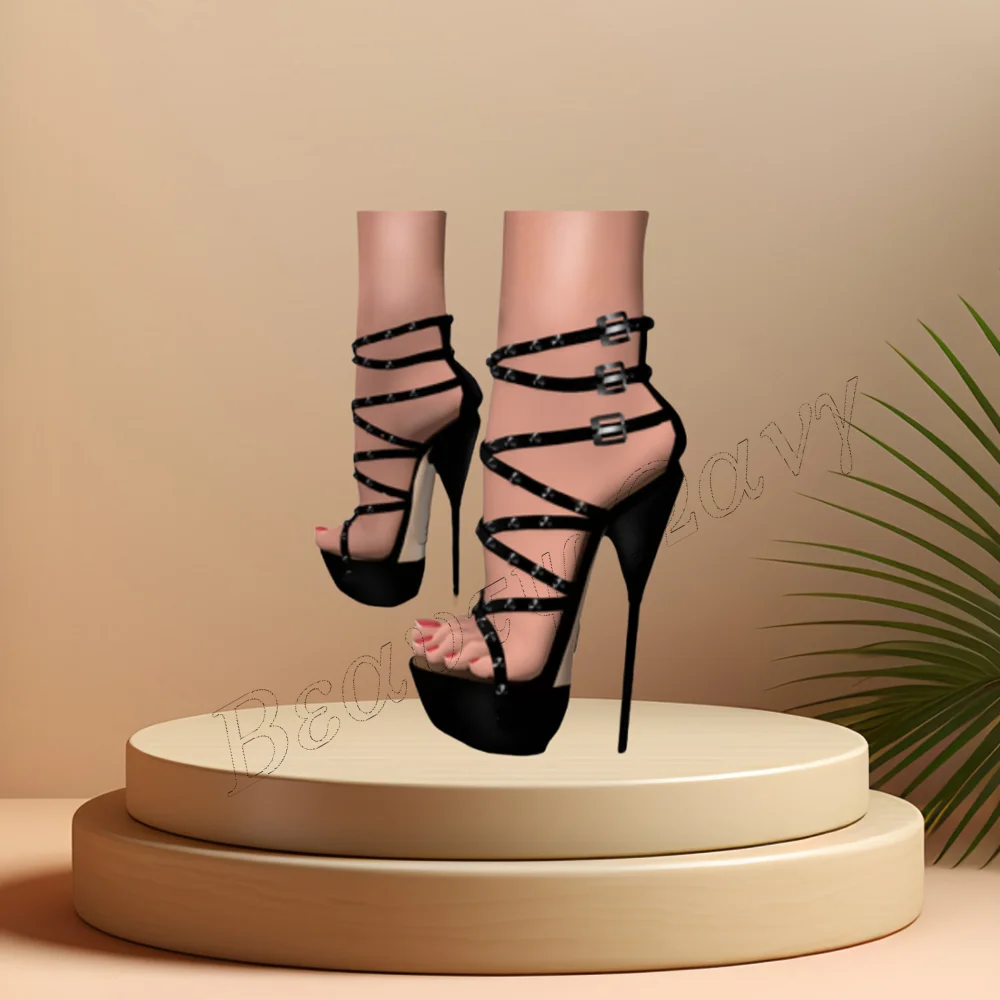 Black-String-Side-Buckle-Sandals-Platform-Cut-Heel-Sexy-Style-Shoes ...