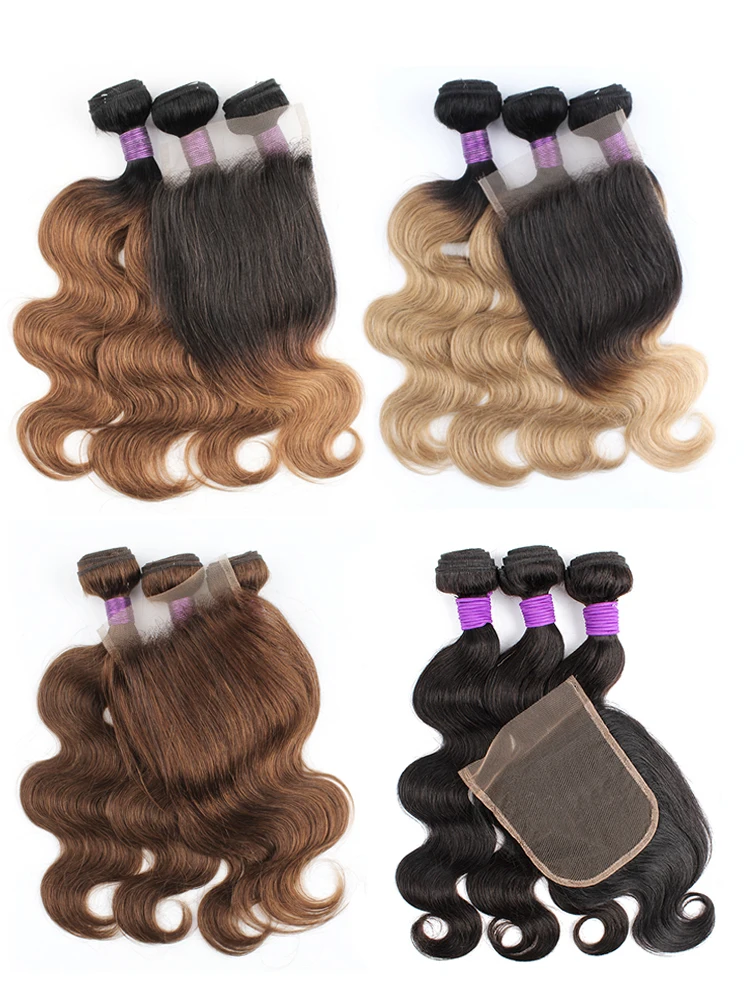 3 Bundles With Closure Transparent Lace 200g/set Body Wave Black Brown ...