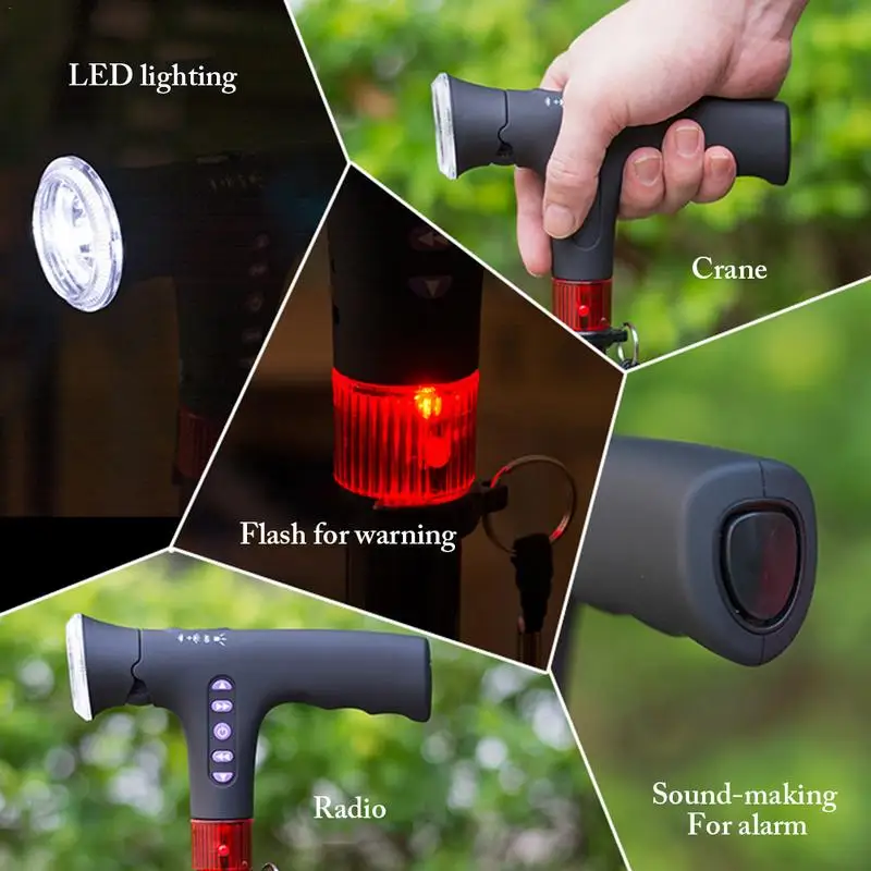 Hiking Adjustable Folding Cane With Alarm LED Light Radio And ...