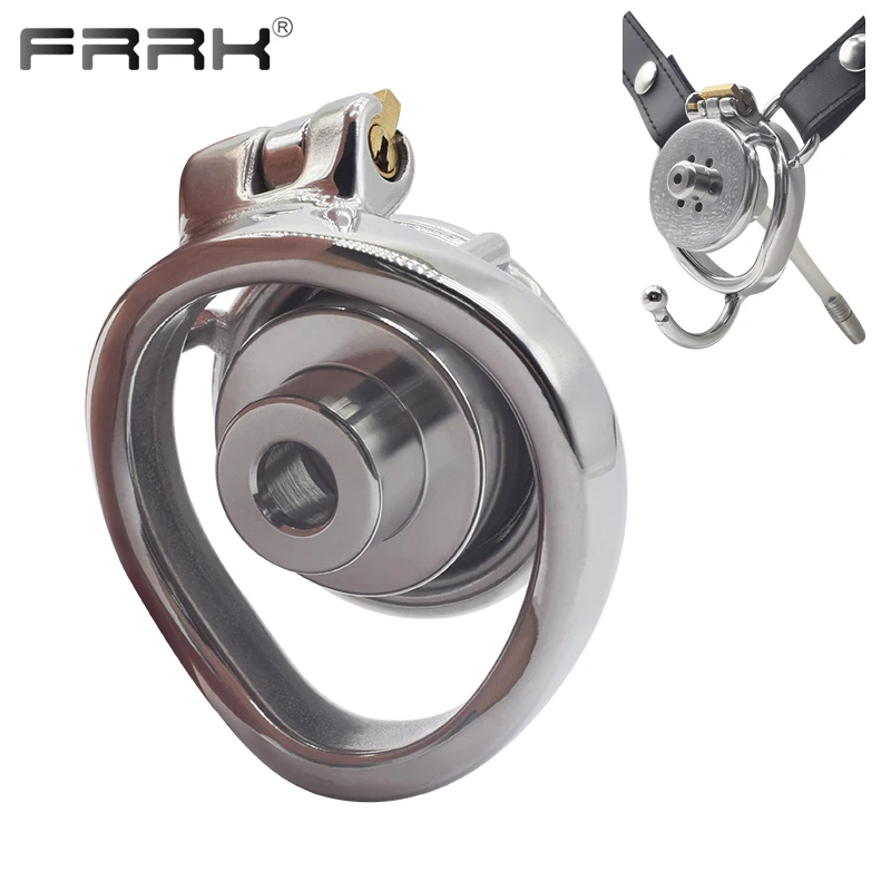 FRRK Curve Penis Rings Metal Inverted Plug Chastity Device Cock Cage with Detachable Belt ...