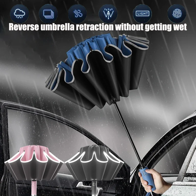 Umbrella Windproof Strong With Reflective Stripe Reverse Automatic Fold ...