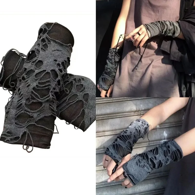 Gothic-Black-Fingerless-Long-Gloves-Punk-Hole-Half-finger-Gloves-Arm ...