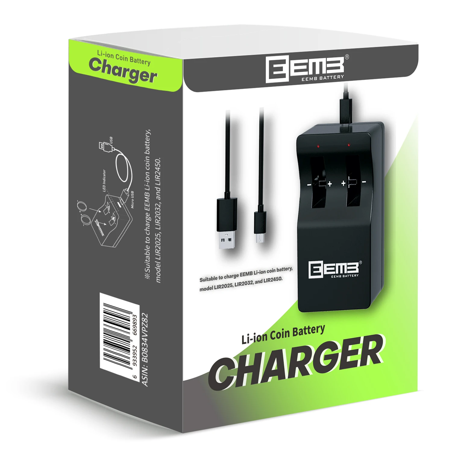 EEMB-Chargeur pour batterie aste LIR2032, 2032, LIR2025, LIR2450, pile bouton au lithium, 3.7V