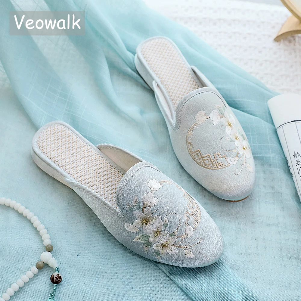 Veowalk-Women-Satin-Cotton-Embroidered-Pointy-Toe-Flat-Mules-Slippers ...