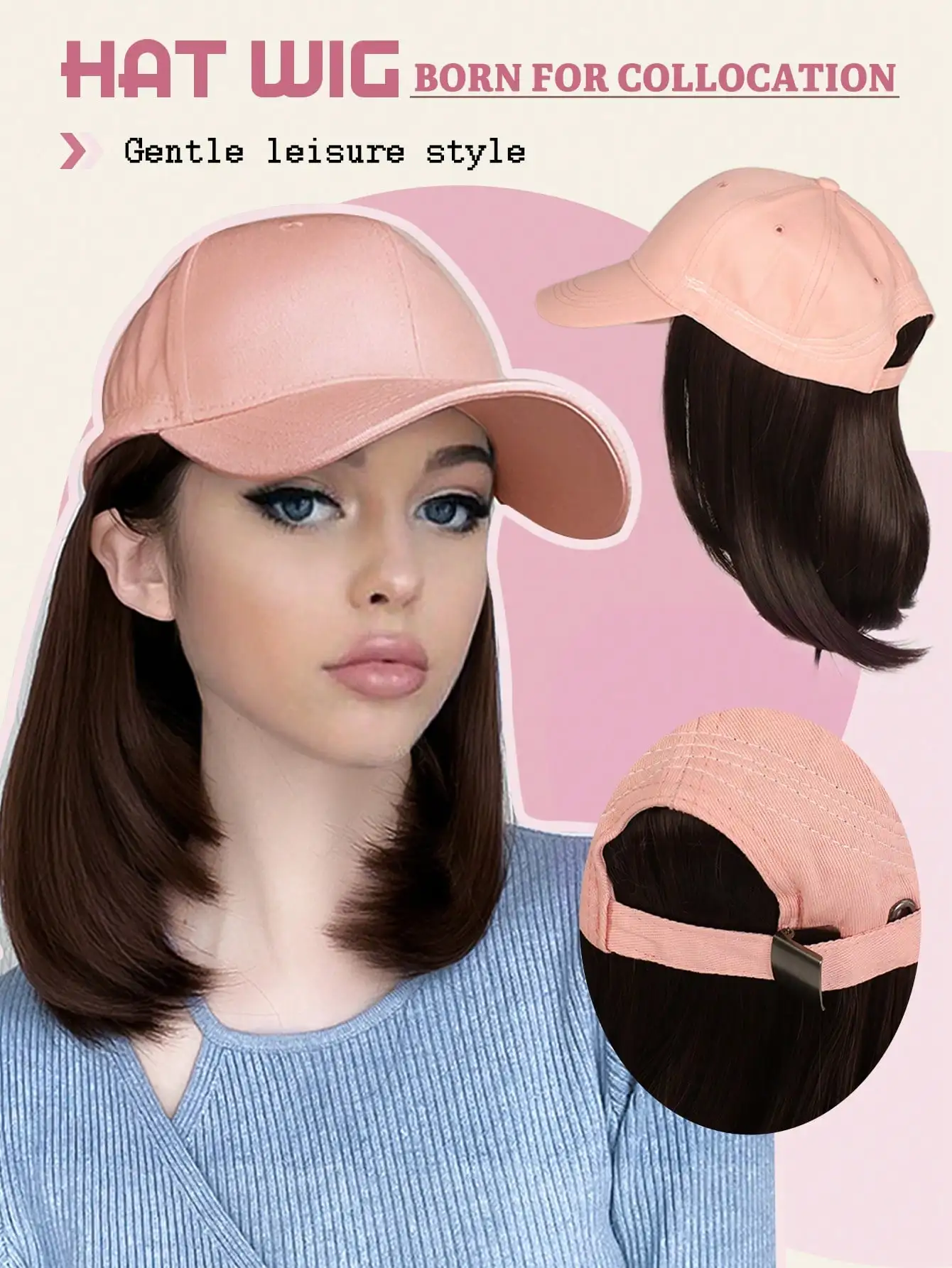 Synthetic-Adjustable-Pink-Hat-Wigs-Baseball-Cap-Wig-Seamless-Connection ...